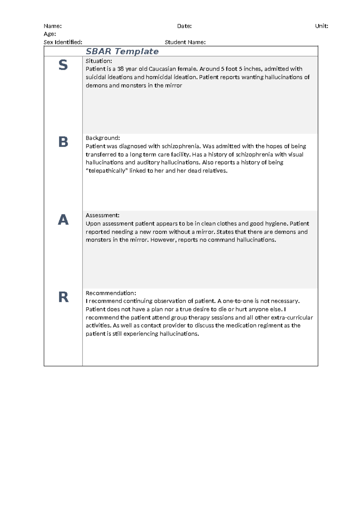 Sbarweek 4 - Sbar guide to mental health - Name: Date: Unit: Age: Sex ...