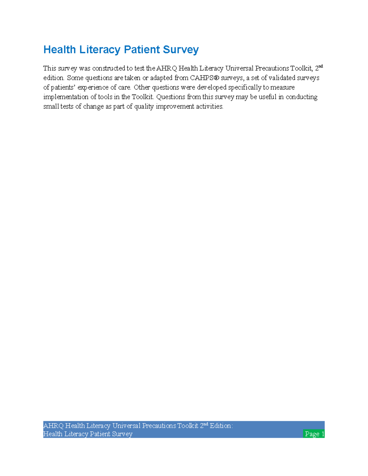 Health Literacy Patient Survey - Some questions are taken or adapted ...