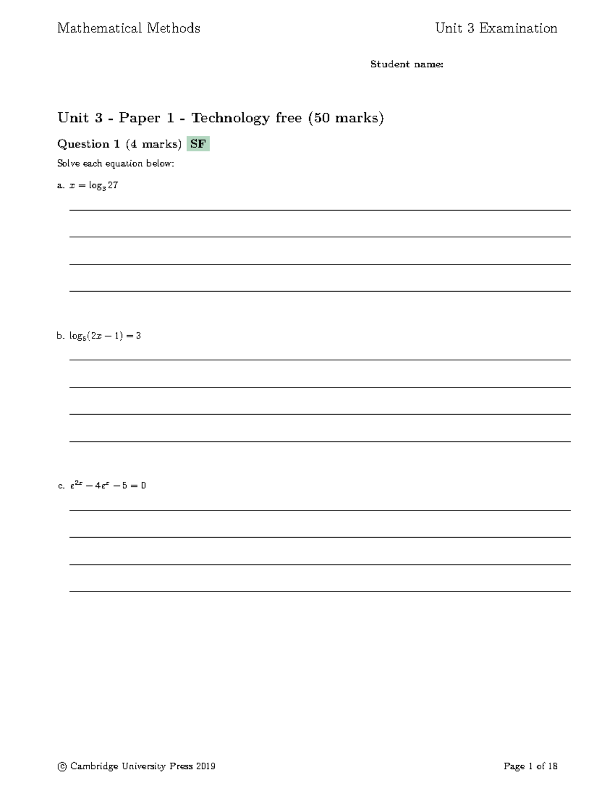 Practice Exam Cambridge - Unit 3 - Student name: Unit 3 - Paper 1 - Technology free (50 marks ...