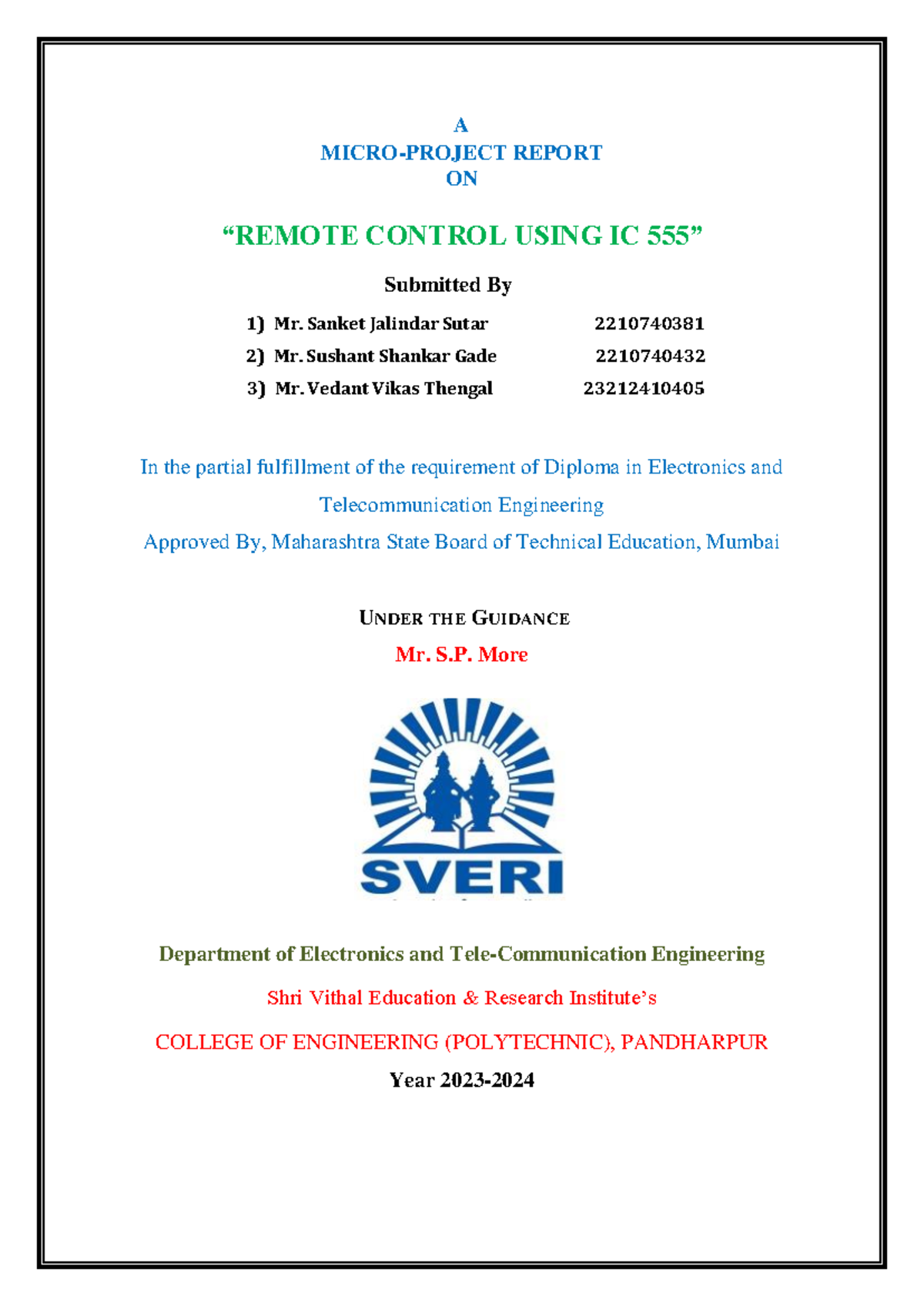 Lic sankewt - report on the microproject - A MICRO-PROJECT REPORT ON “REMOTE CONTROL USING IC ...