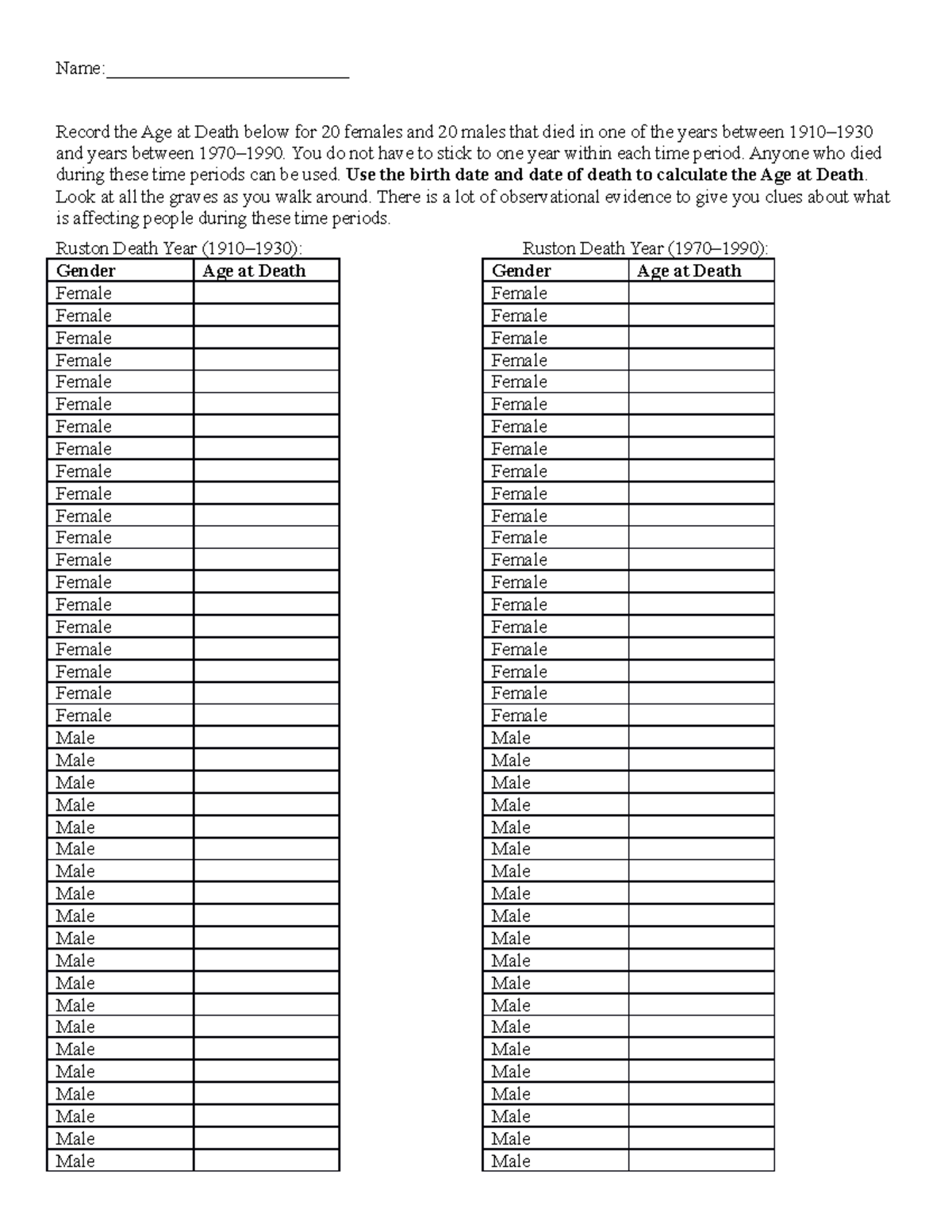 Cemetery Data Sheets - lab work - Name ...