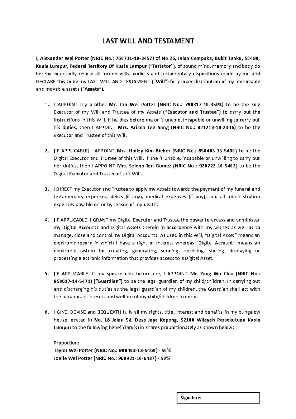 Draft - Last Will and Testament - LAST WILL AND TESTAMENT I, Alexander ...