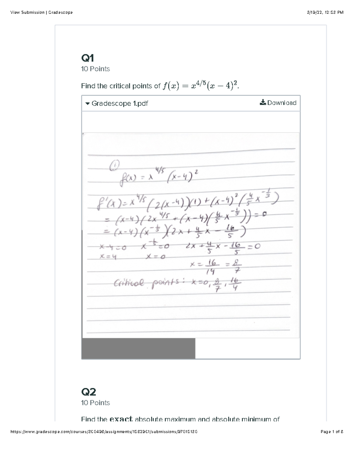 View Submission Gradescope - Q110 Points Find the critical points of. Gradescope 1! Download ...
