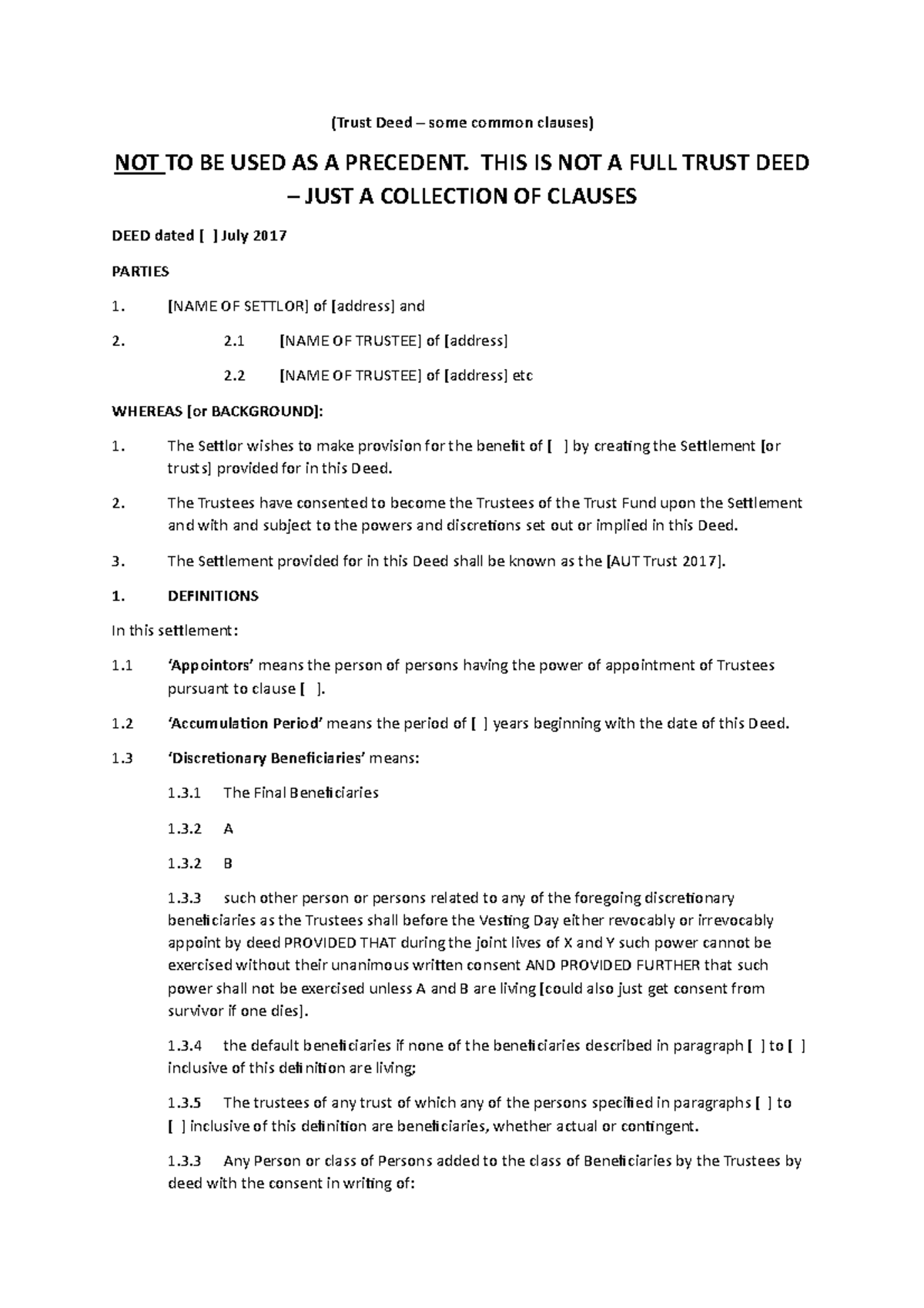 Examples of clauses in Trust Deeds - NOT TO BE USED AS Precedents ...