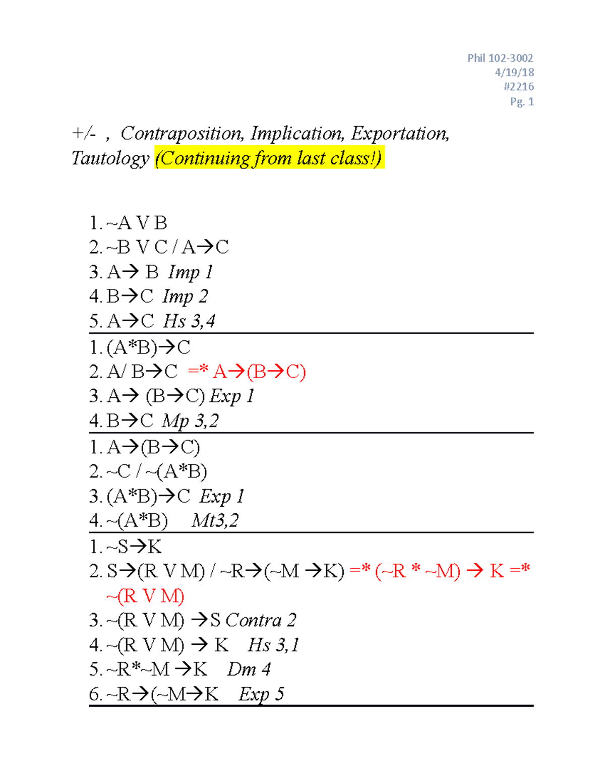 Philosophy proofs - Lecture notes 1 - Phil 102-3002 4/19/18 #2216 Pg. 1 ...