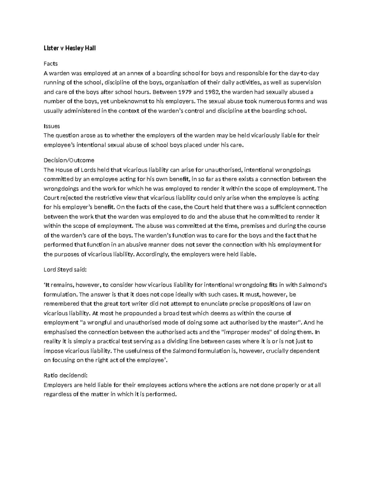 Lister v Hesley Hall and bernard v ag of jamaica tort - Lister v Hesley ...