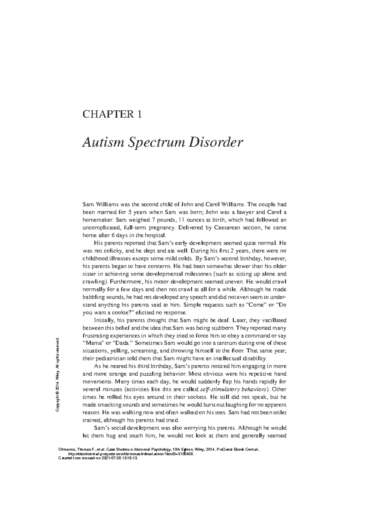 PSY3032 ( Chapter 1 Autism Spectrum) case study - CHAPTER 1 Autism ...