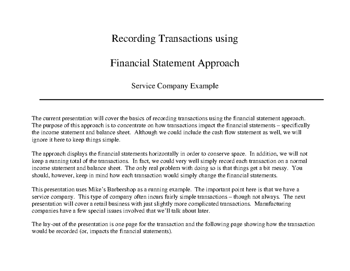 Recording Transactions using. Financial Statement Approach - Recording ...