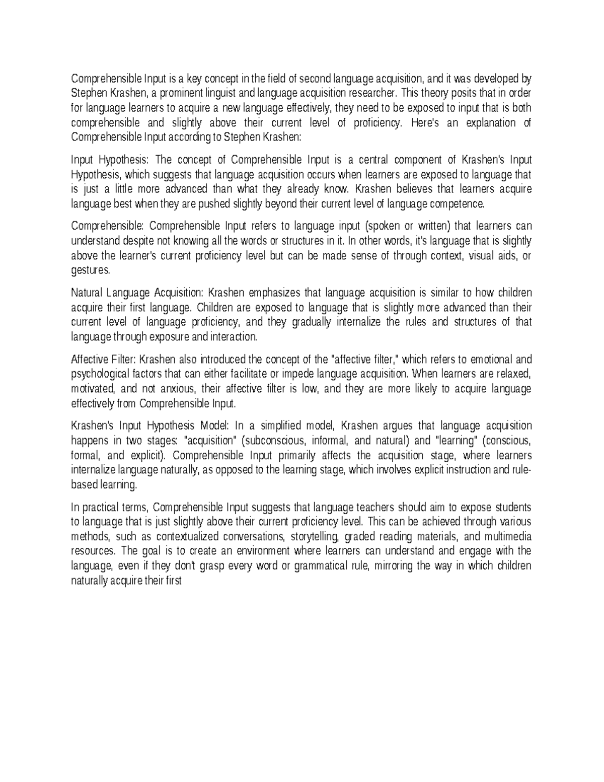 Comprehensible Input is a key concept in the field of second language ...