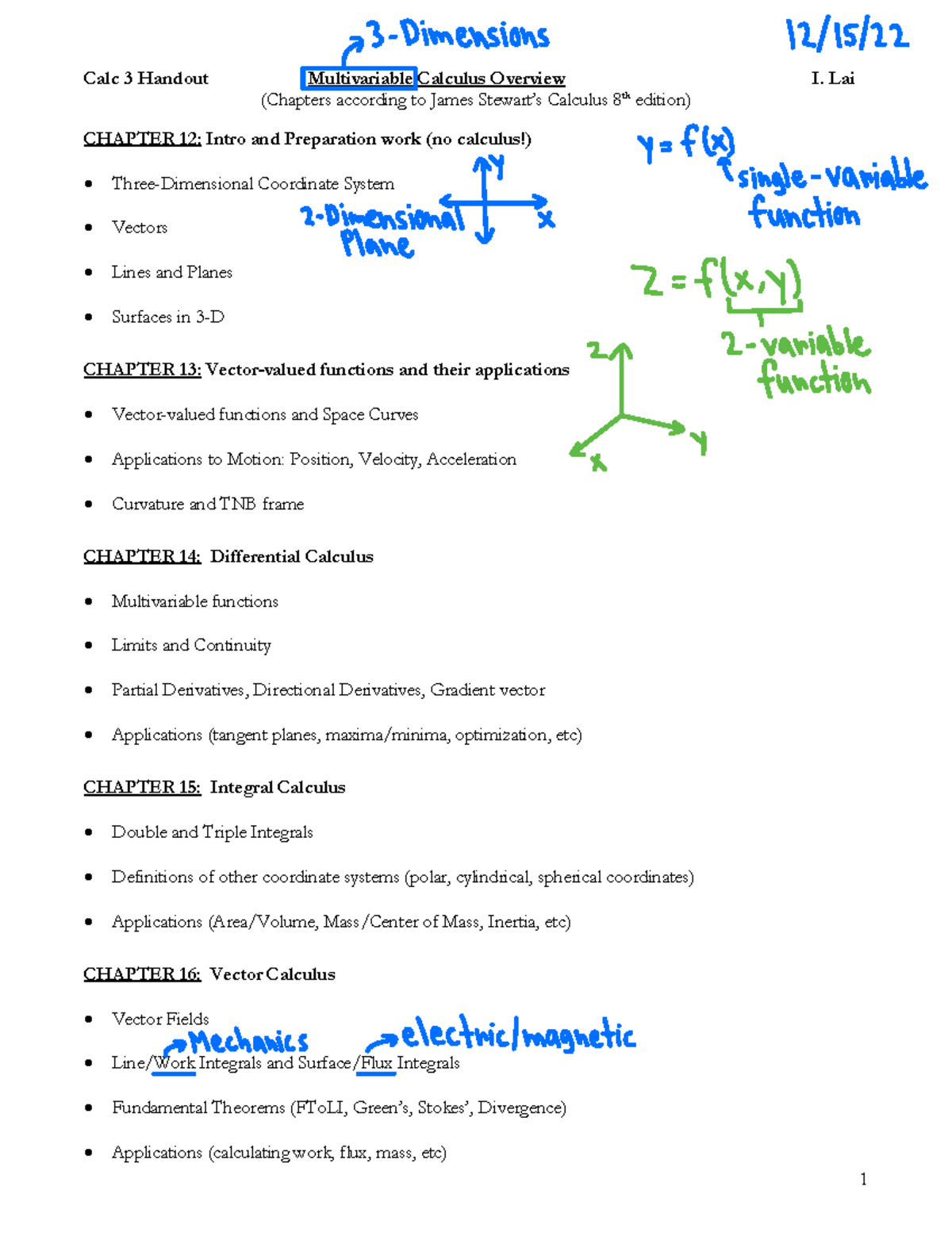 Multivariable Calculus Overview(12.0) - Lai (Chapters according to ...