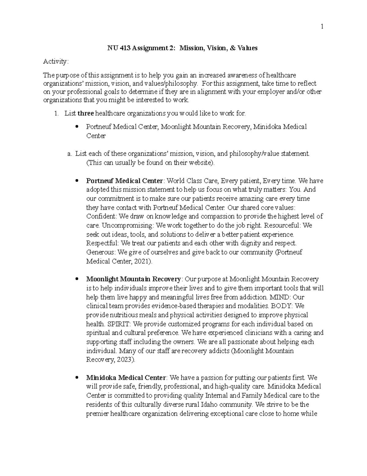 Mission and Values Assignment - NU 413 Assignment 2: Mission, Vision ...