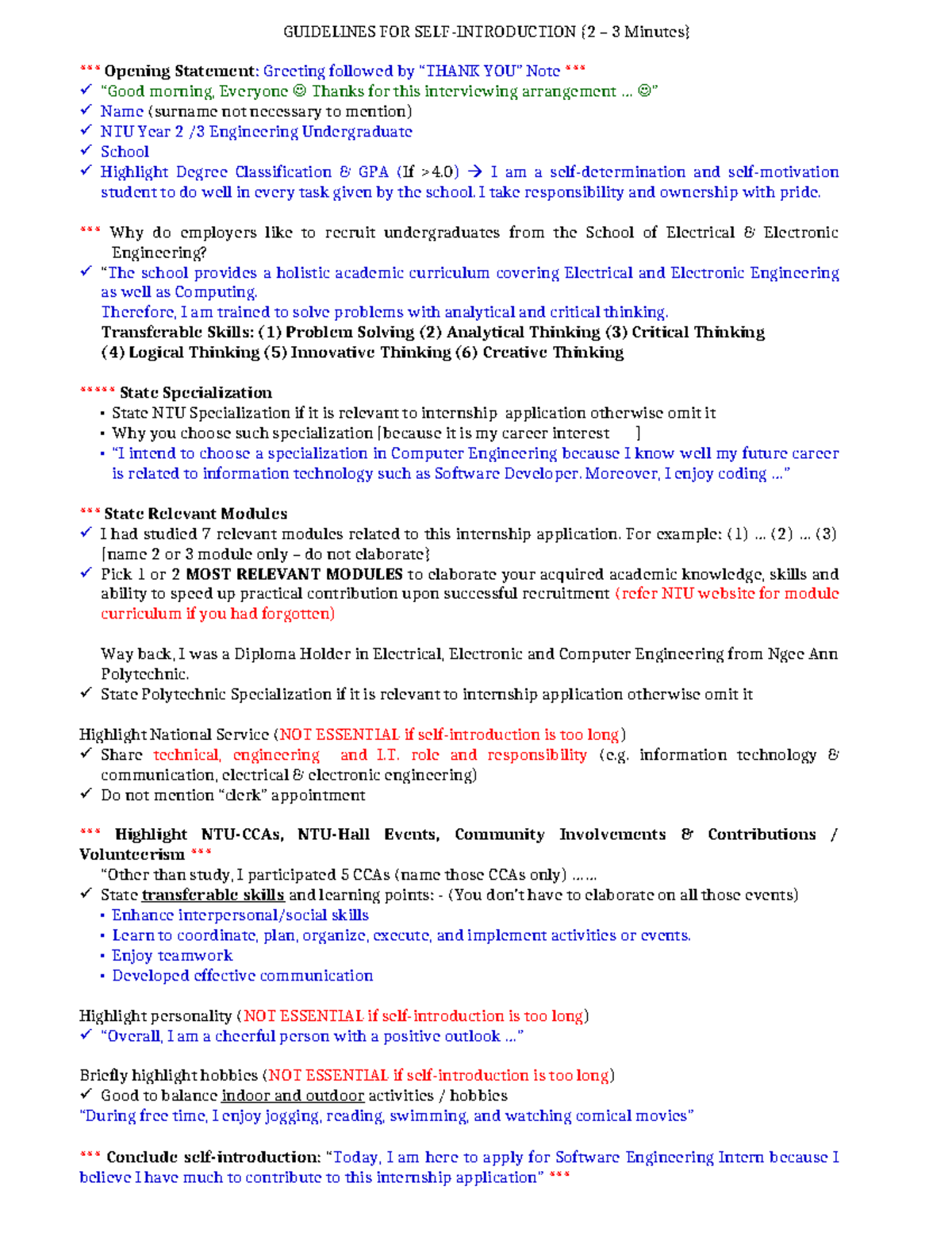 Self-Introduction - Self-Introduction - GUIDELINES FOR SELF ...