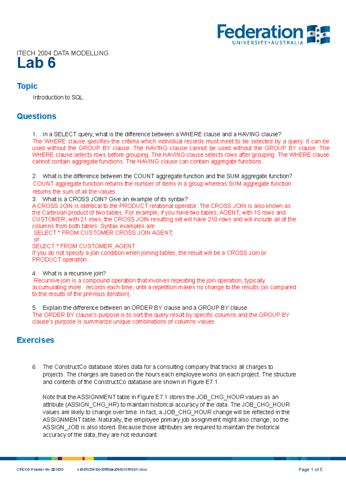 Itech 2004 06 Lab Database Itech 2004 Data Modelling Lab 6 Topic Introduction To Sql
