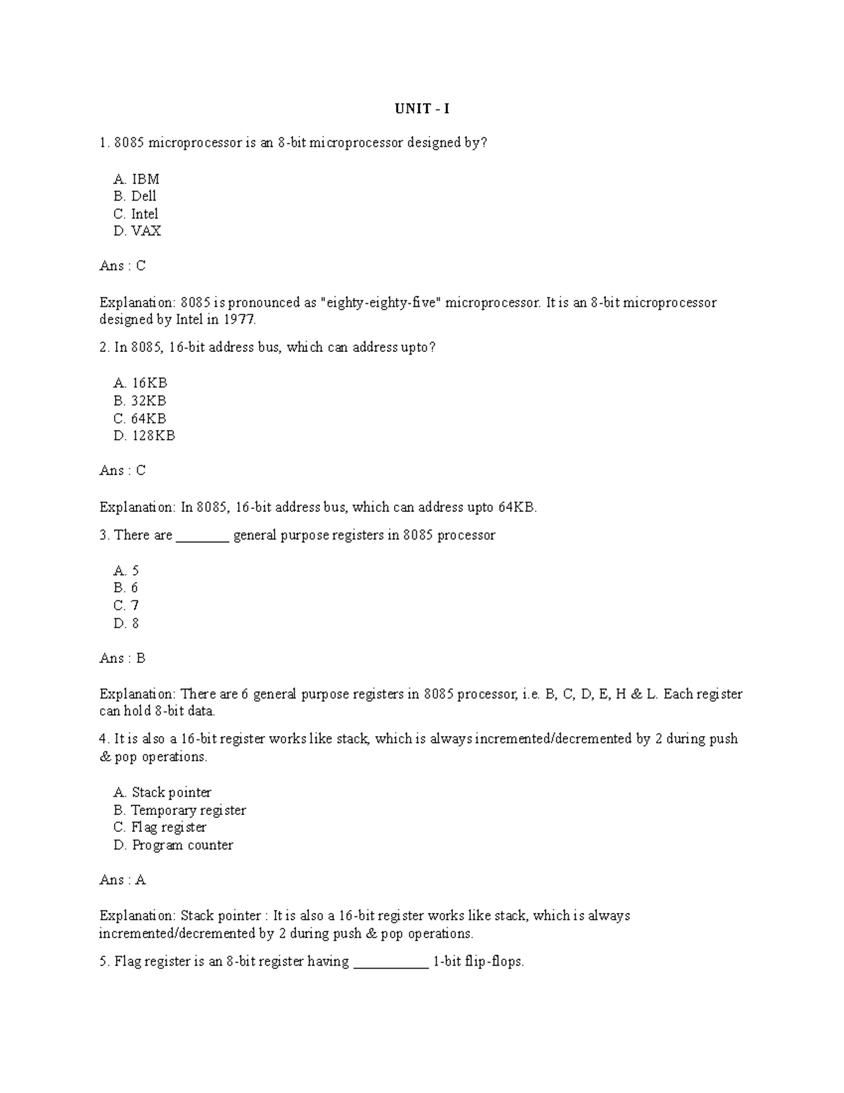 8085 MCQ - mcq for five unit - UNIT - I 8085 microprocessor is an 8-bit ...
