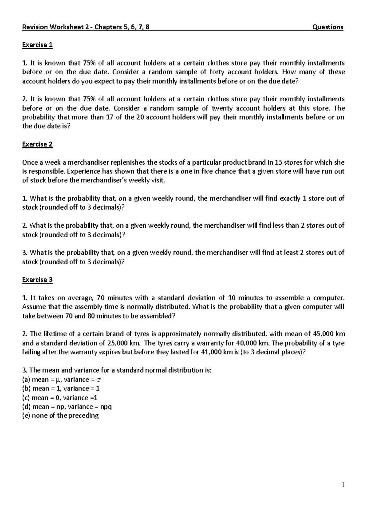 Revision Worksheet 2 Ch 5, 6, 7, 8 Questions - Revision Worksheet 2 ...
