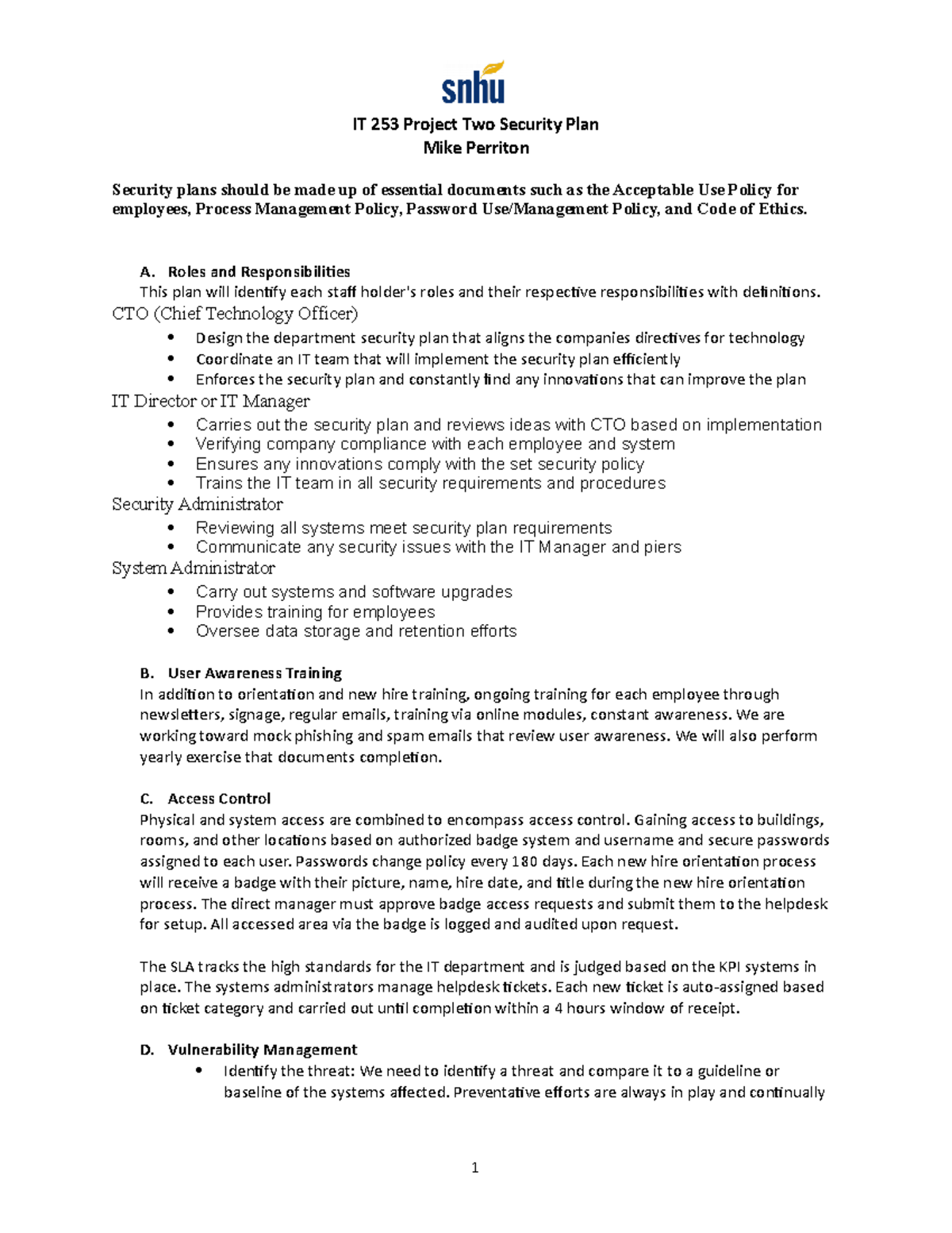 IT 253 Project Two Security Plan - IT415 - SNHU - Studocu