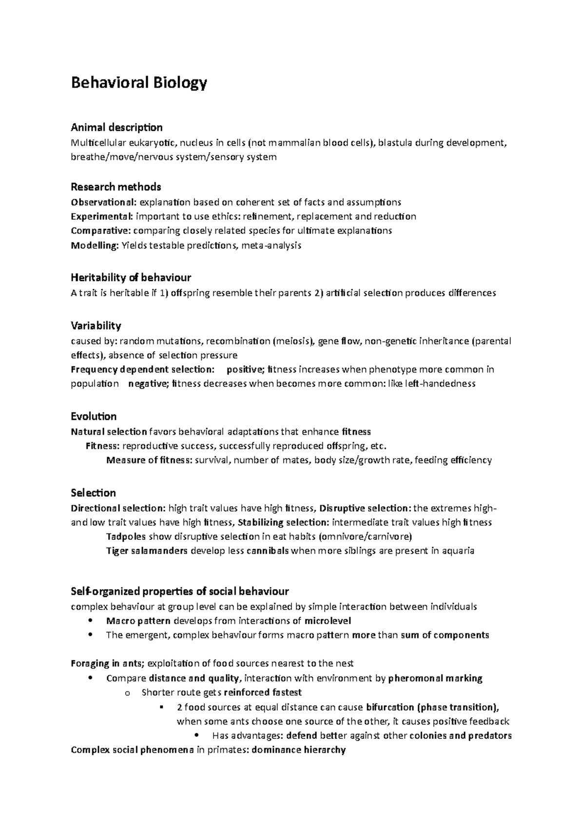 Behaviour Biology Summary - Behavioral Biology Animal description ...