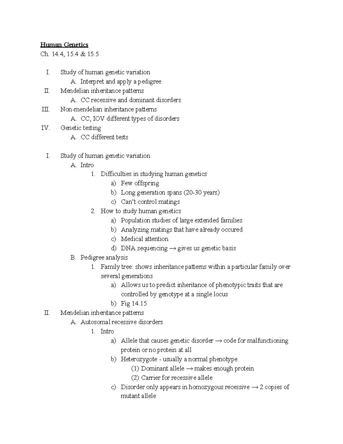 gen bio 1 Lecture 18 - Human Genetics Ch. 14, 15 & 15. I. Study of ...