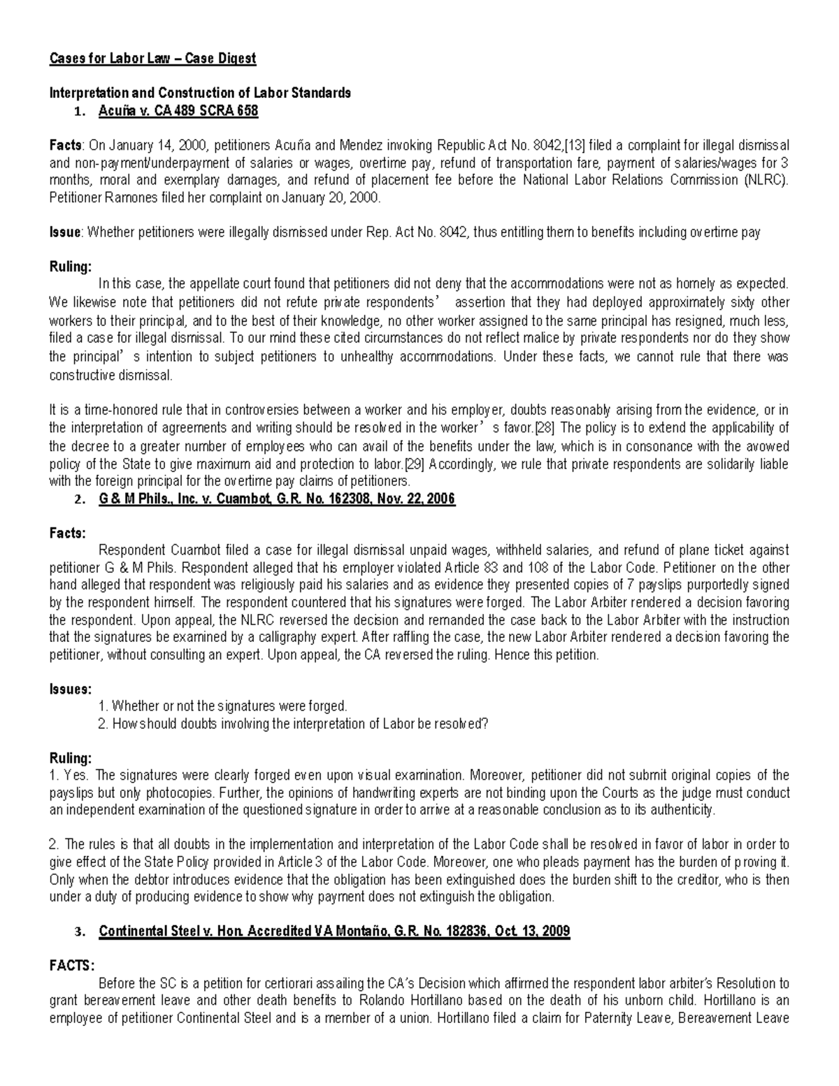 Pdfcoffee - LABOR LAWS - Cases for Labor Law – Case Digest Interpretation and Construction of ...