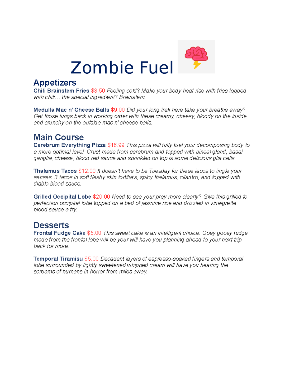 Intro to Psych Zombie Menu - Zombie Fuel Appetizers Chili Brainstem ...