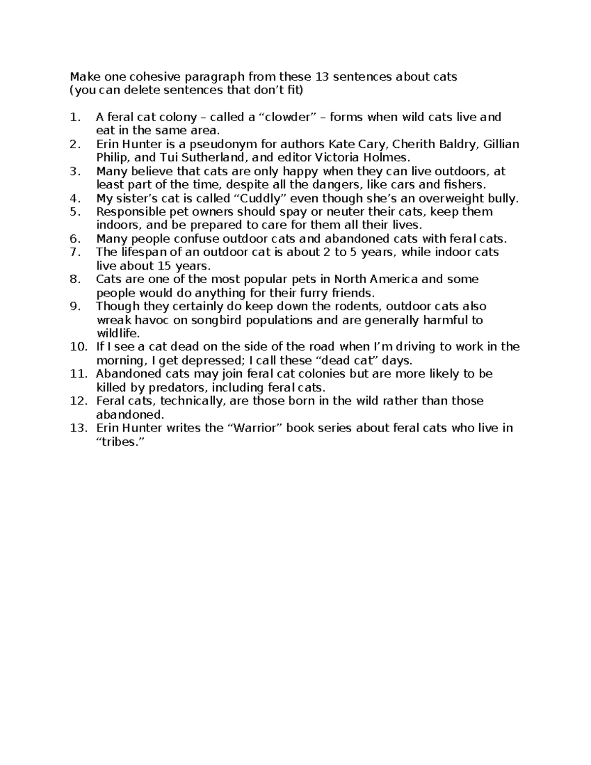 Cats Paragraph Exercise - Make one cohesive paragraph from these 13 ...