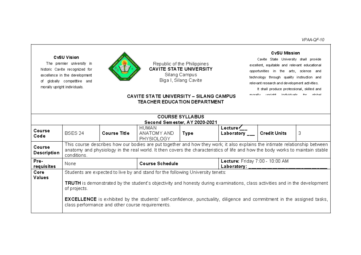 BSES 24 - Course Syllabi - Republic of the Philippines CAVITE STATE ...