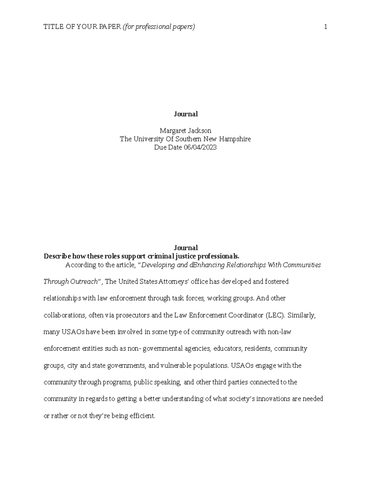 Journal 5 - TITLE OF YOUR PAPER (for professional papers) 1 Journal ...