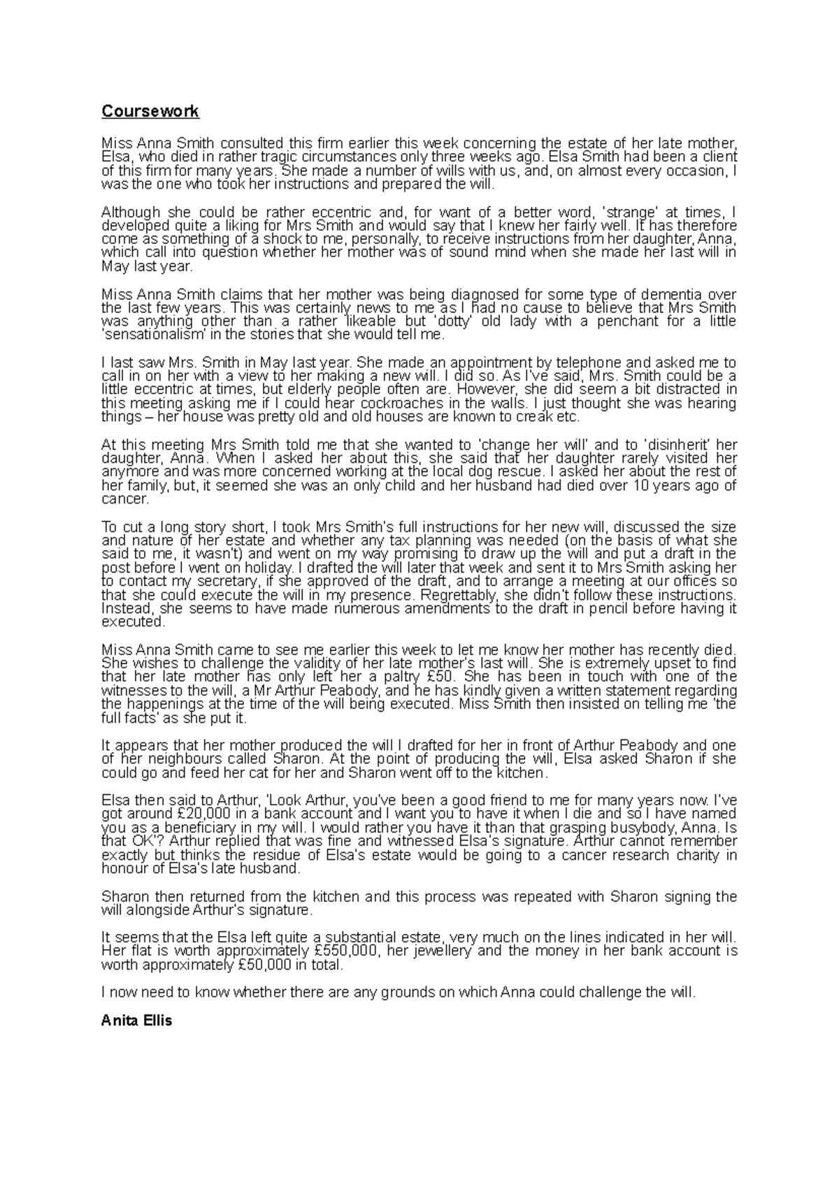 Wills Problem Question - Coursework Miss Anna Smith consulted this firm ...