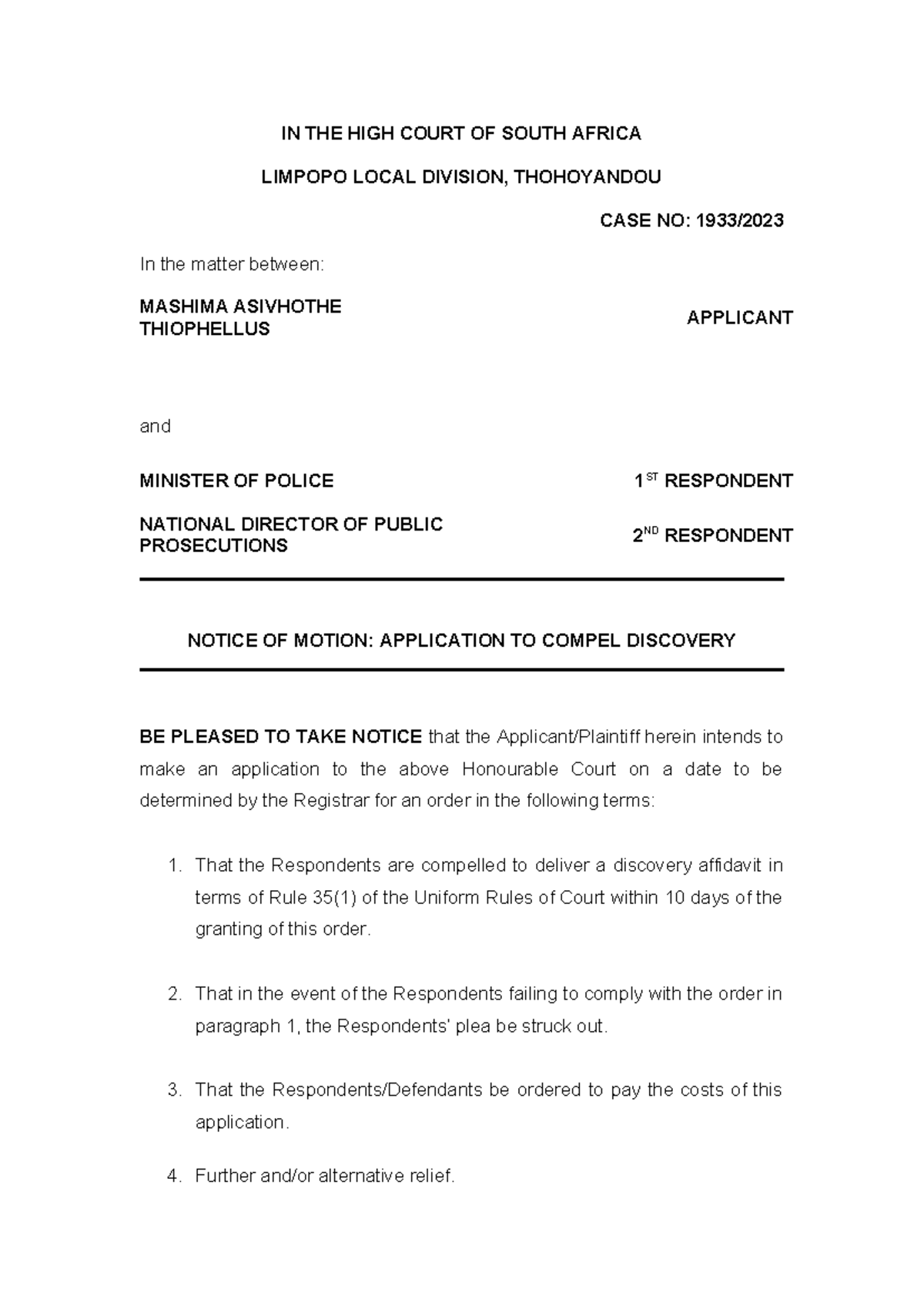 Application TO Compel Discovery - IN THE HIGH COURT OF SOUTH AFRICA ...