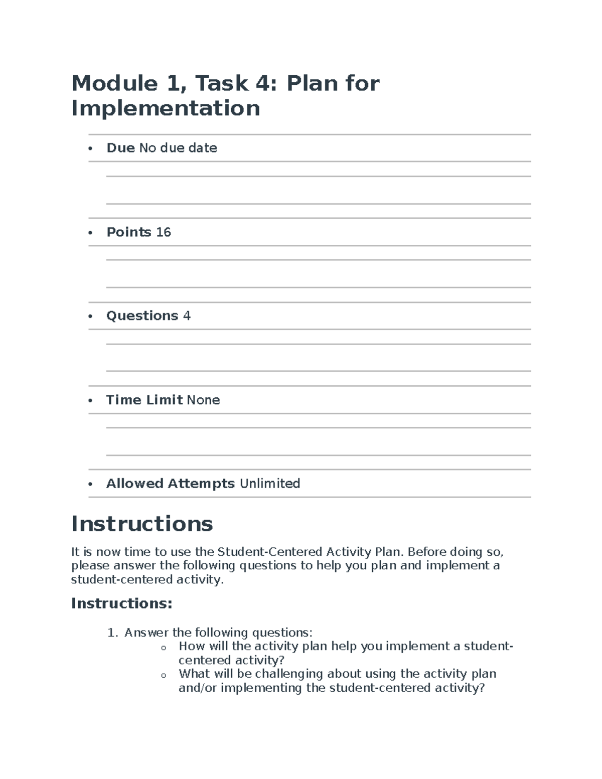 Pakau Module 1 Supplementary Exercise Module 1 Task 4 Plan For Implementation Due No Due