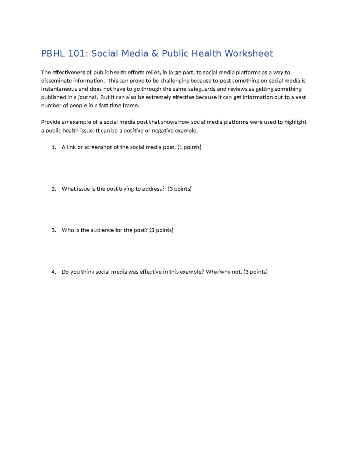 Social Media & Public Health Worksheet - PBHL 101: Social Media ...