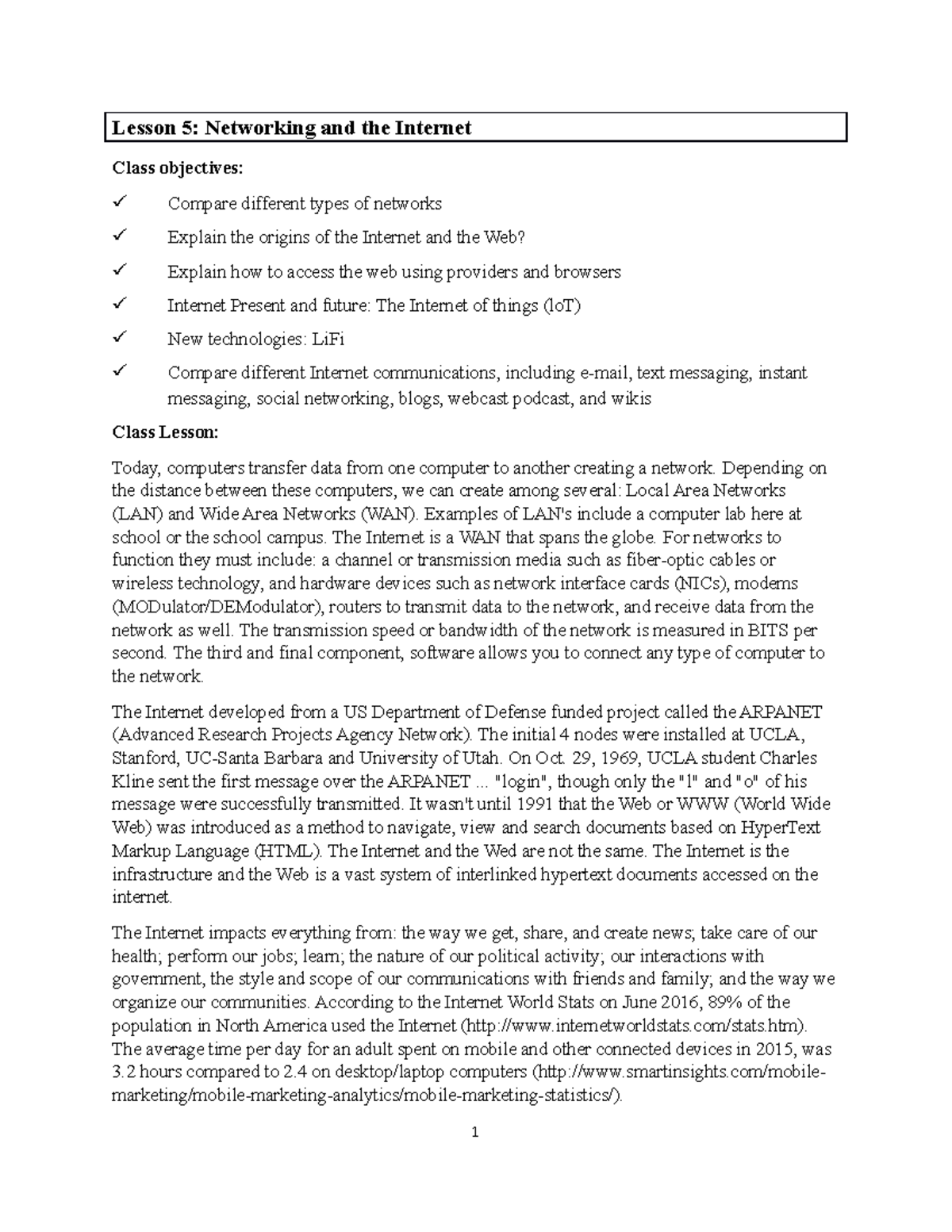 Lesson 6 - Networking and the Internet - Lesson 5: Networking and the ...