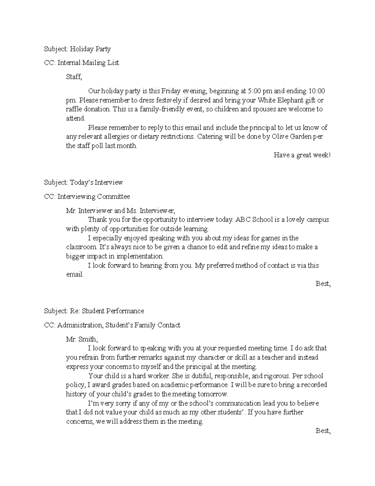 Emails - Subject: Holiday Party CC: Internal Mailing List Staff, Our ...