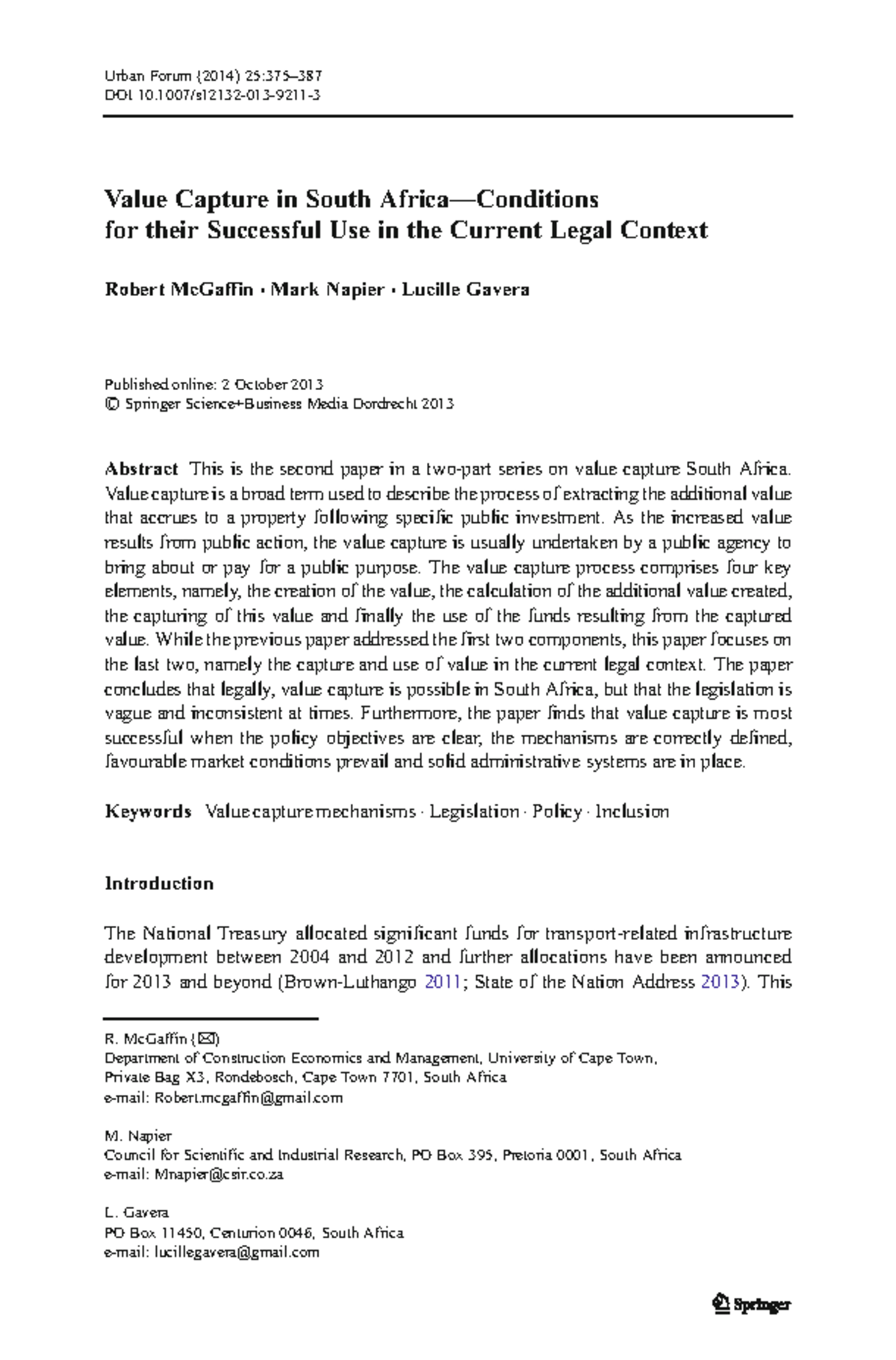 Mc Gaffin 2014 Article Value Capture In South Africa Conditions - Value ...