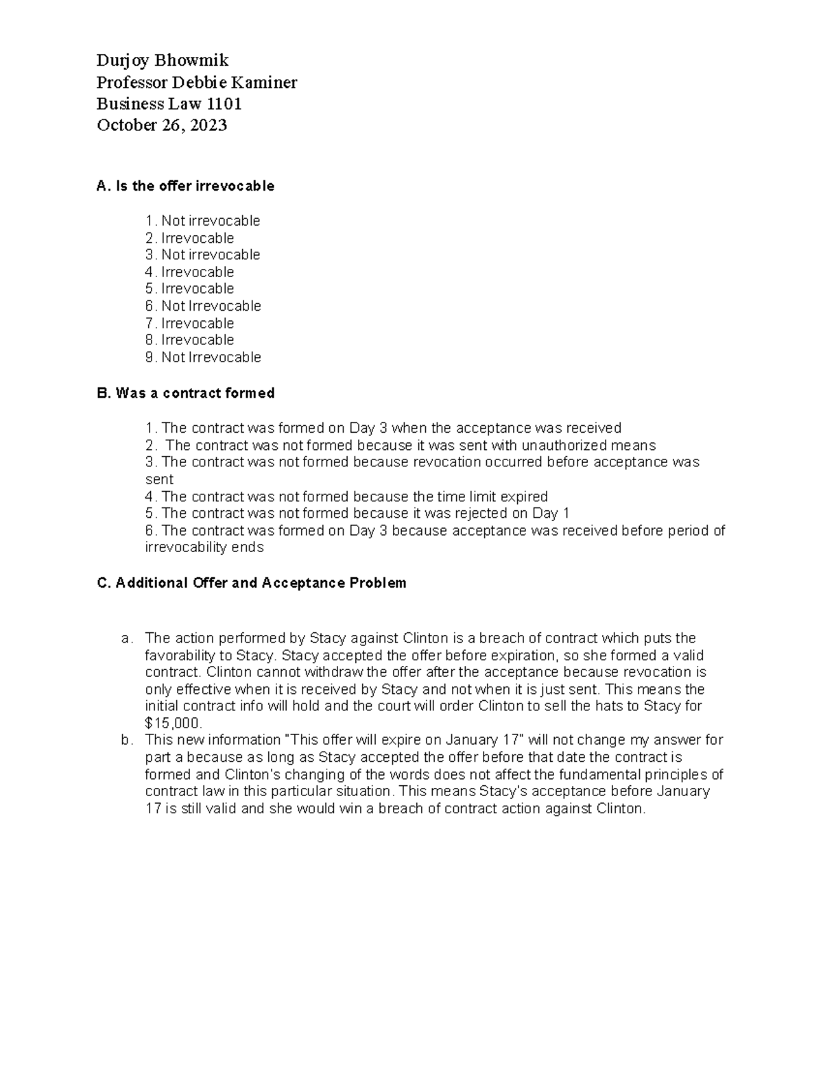 Business Law Writing Assignment 4 - Durjoy Bhowmik Professor Debbie ...