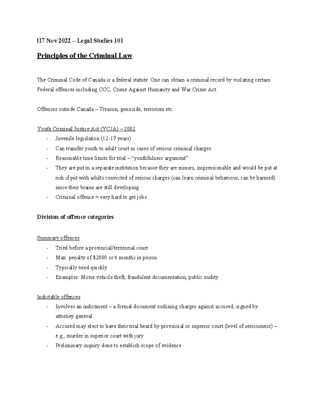 Criminal Law - l17 Nov 2022 – Legal Studies 101 Principles of the ...