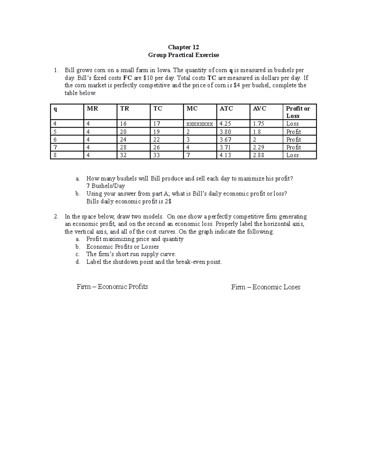 Chapter 12 Practice Problems - Chapter 12 Group Practical Exercise Bill grows corn on a small ...