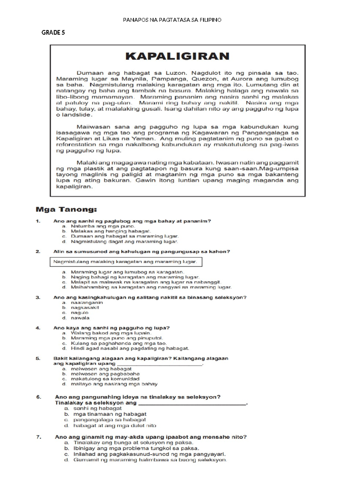 Grade 5 Panapos NA Pagtatasa SA Filipino 1 - Physical Education ...