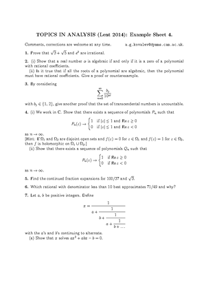 Topics in Analysis 2013-2014 Example Sheet 2 - TOPICS IN ANALYSIS (Lent ...