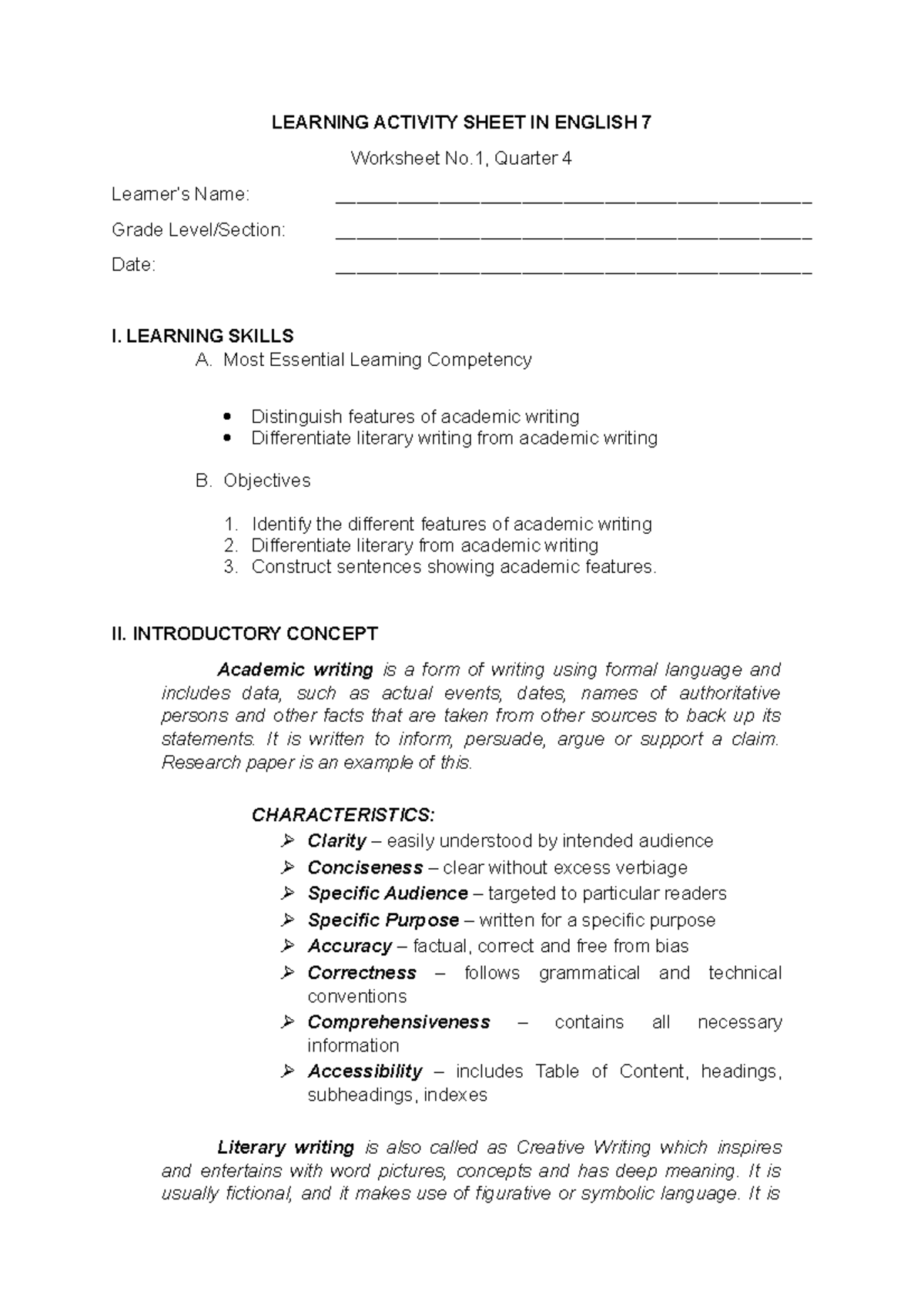 LAS1 - non - LEARNING ACTIVITY SHEET IN ENGLISH 7 Worksheet No, Quarter ...