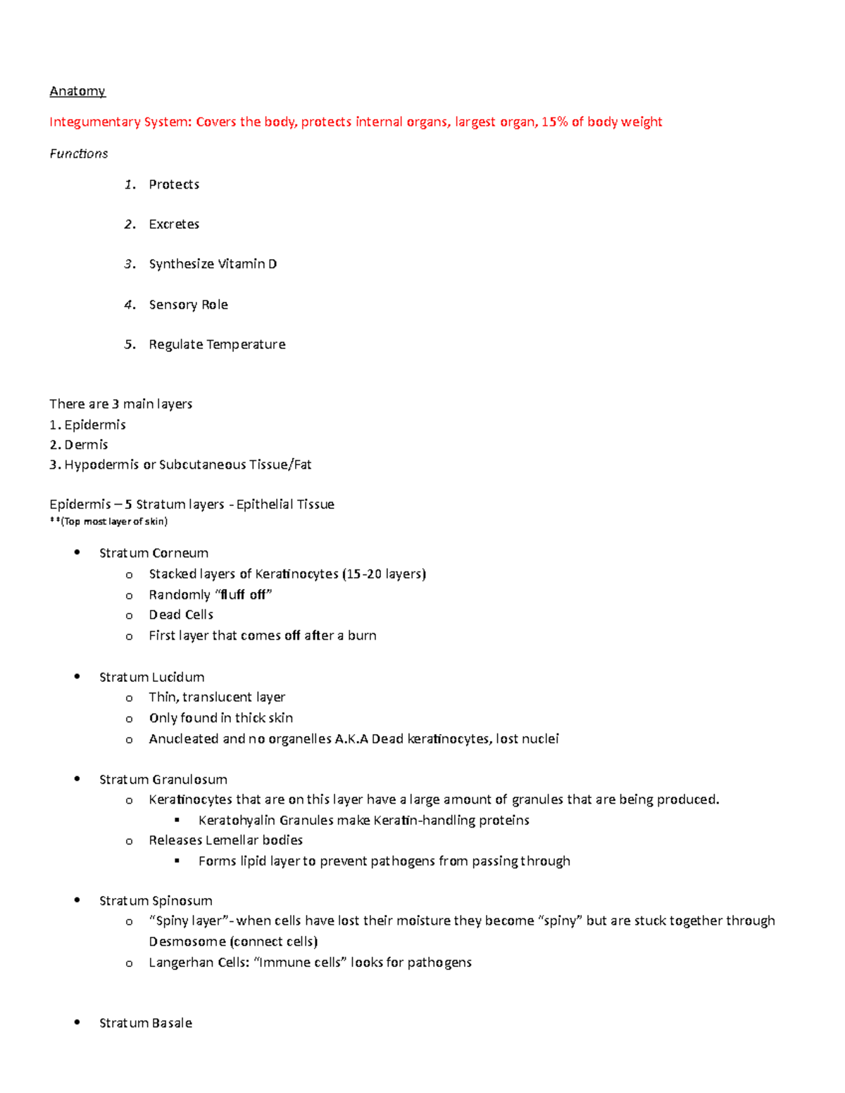 Week 1 Anatomy notes part 1 of the integumentary system - Anatomy ...