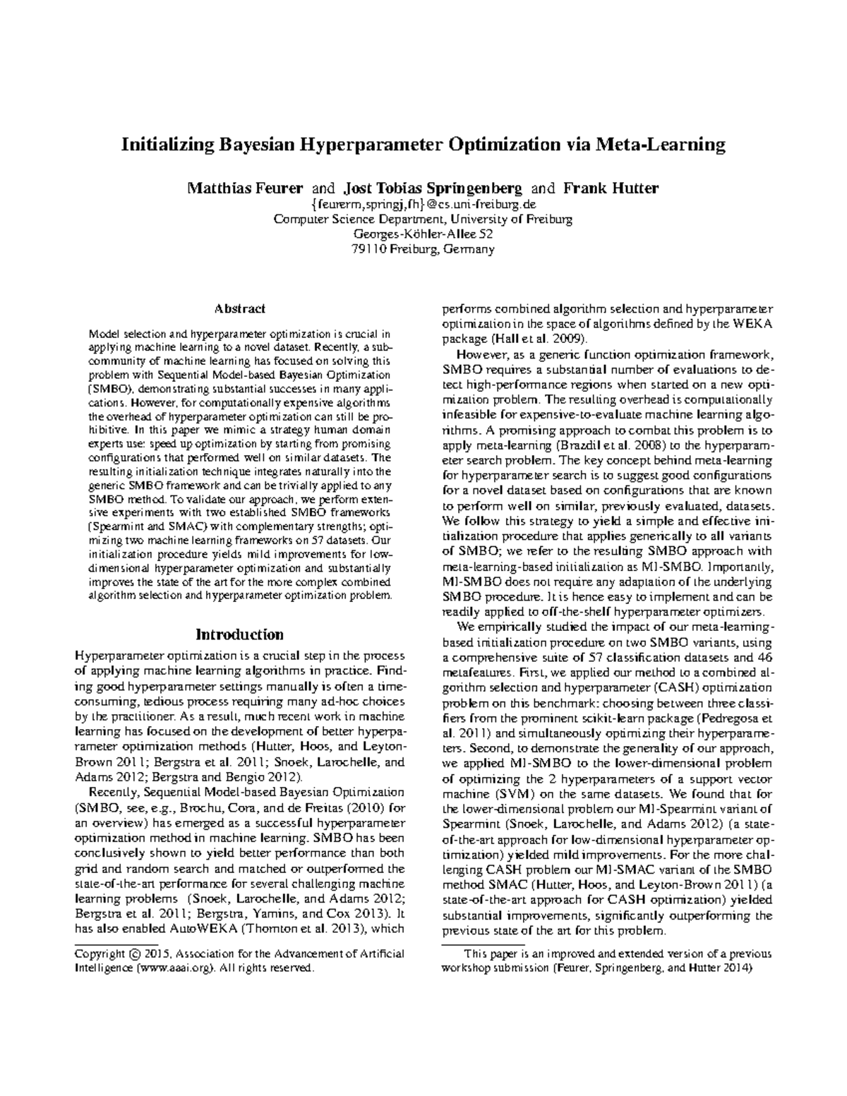 Initializing Bayesian Hyperparameter Optimization Via Meta Learning Uni Freiburg Computer
