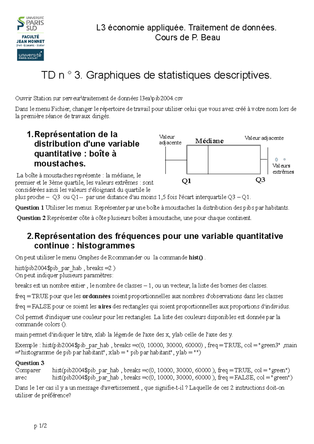énoncé TD 3 2020 2021 - TD 3 : Traitement de donnée - L3 économie appliquée. Traitement de ...