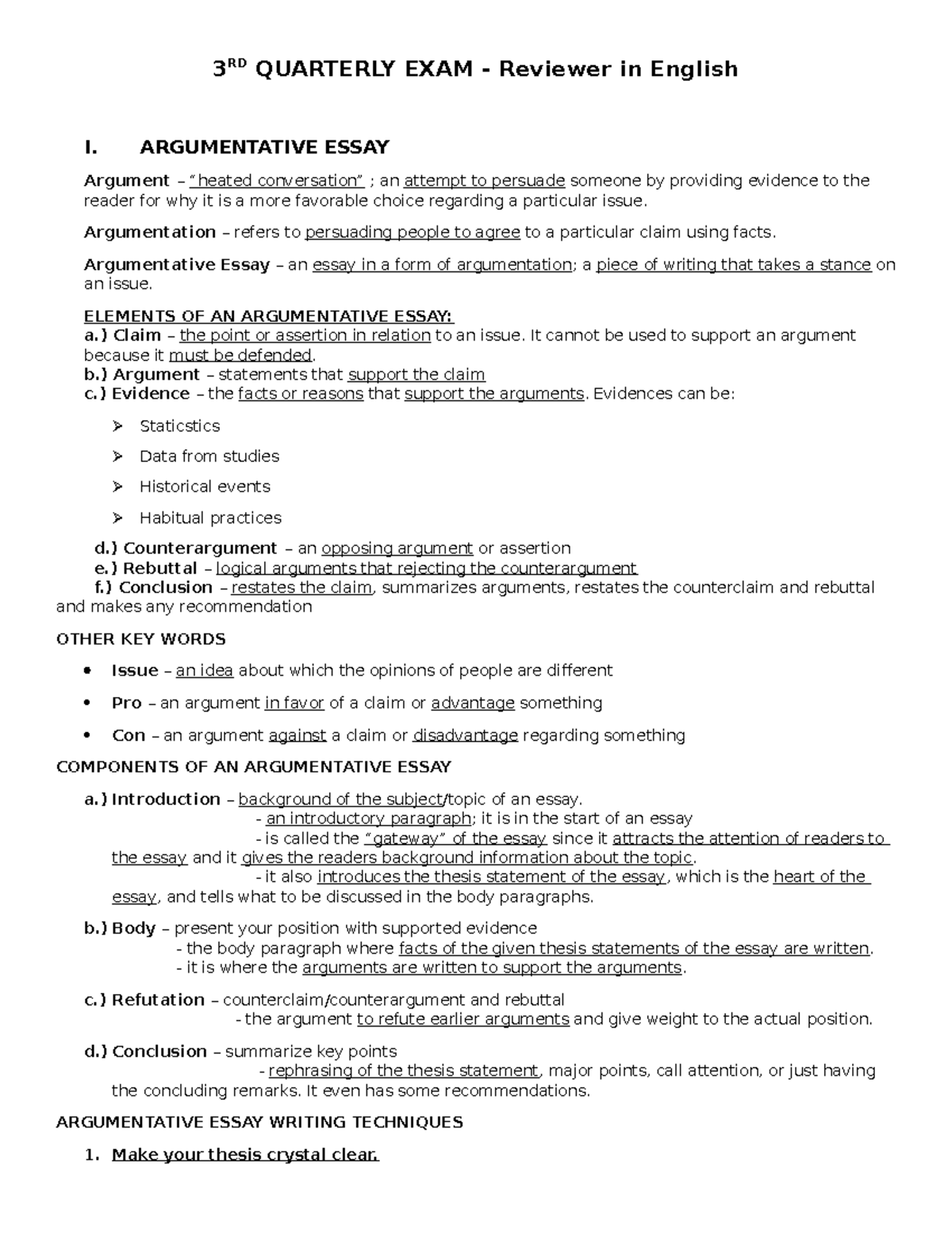 English 3rd Quarterly Reviewer - 3 RD QUARTERLY EXAM - Reviewer in ...