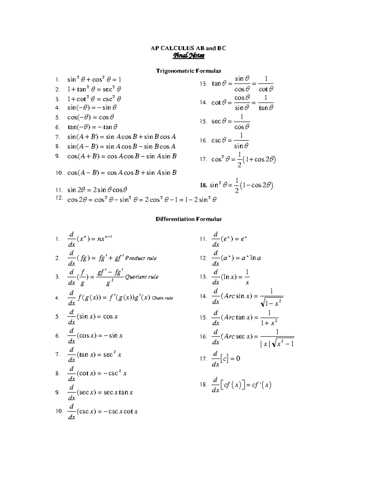 AP Calculus - AP CALCULUS AB and BC Final Notes Trigonometric Formulas ...