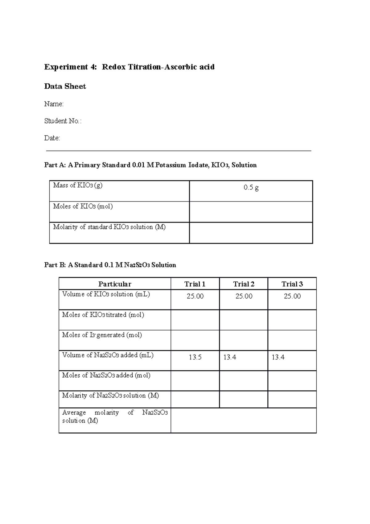 Data for Experiment 4 of vitamin C lab report - Experiment 4: Redox ...