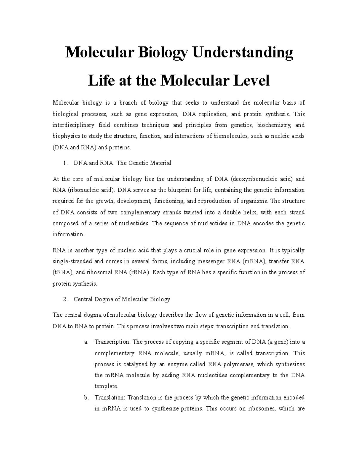 Molecular Biology Understanding Life at the Molecular Level - Molecular ...