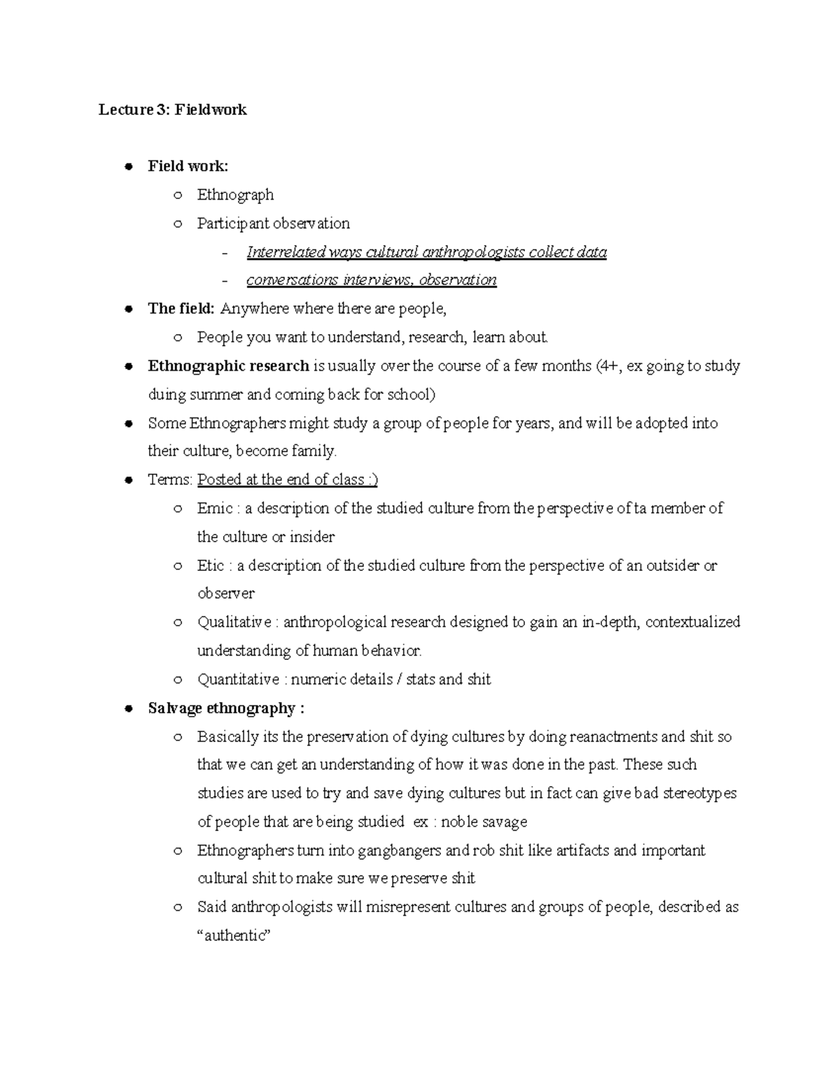 Anthropology Notes - Lecture 3: Fieldwork Field work: Ethnograph ...