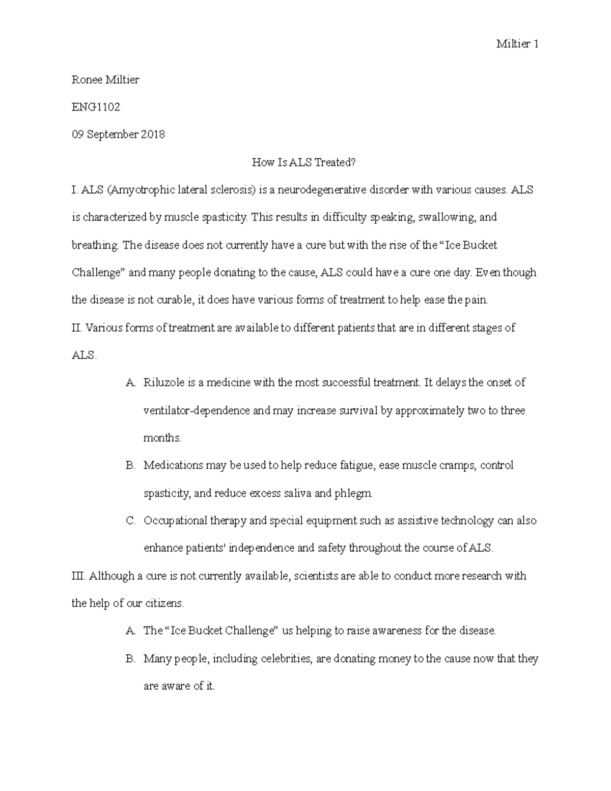 ALS - Research Paper Outline - Miltier 1 Ronee Miltier ENG 09 September ...