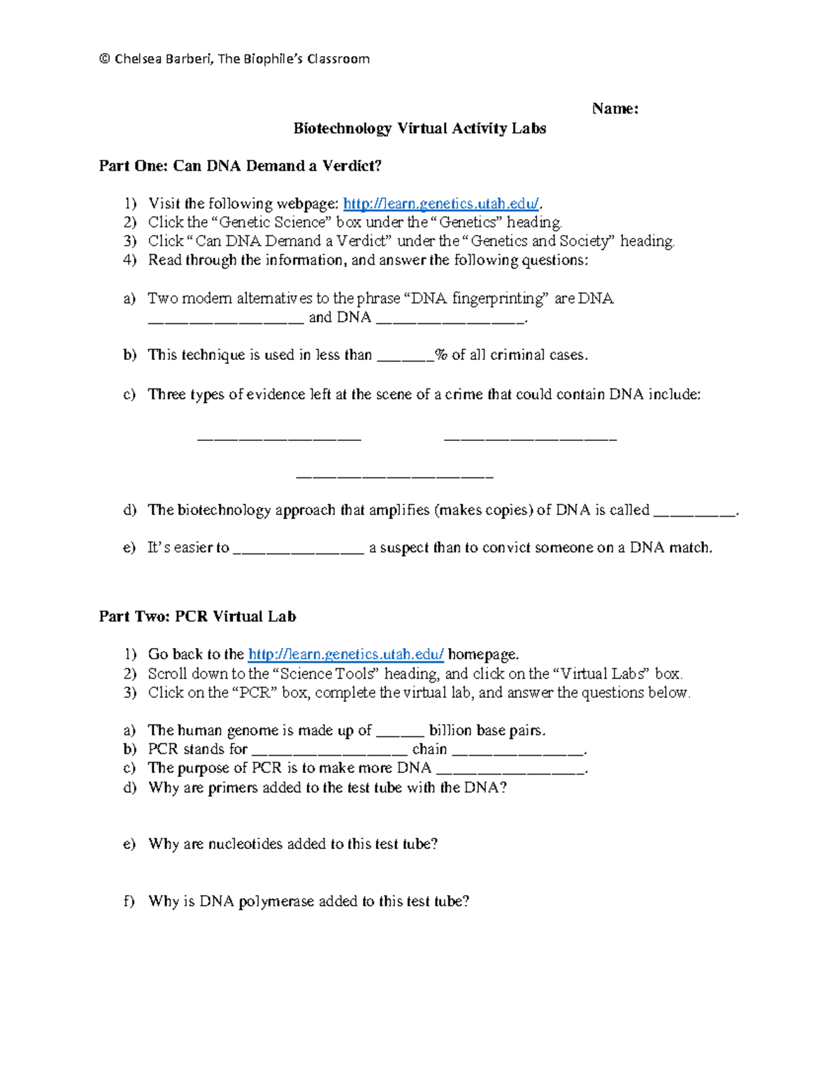 Biotechnology Virtual Lab Worksheets-1 - © Chelsea Barberi, The ...